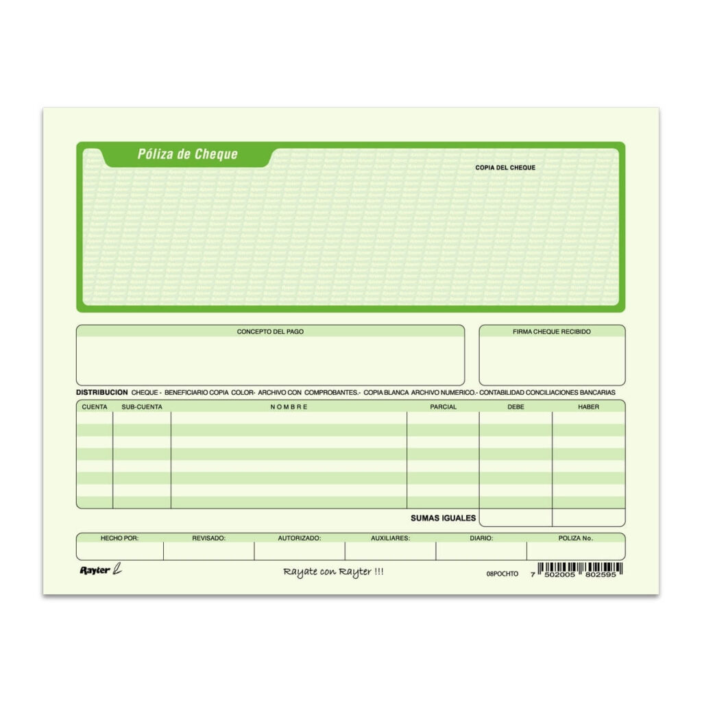 Póliza de Cheque Tamaño Medio Oficio Autocopiante - Rayter